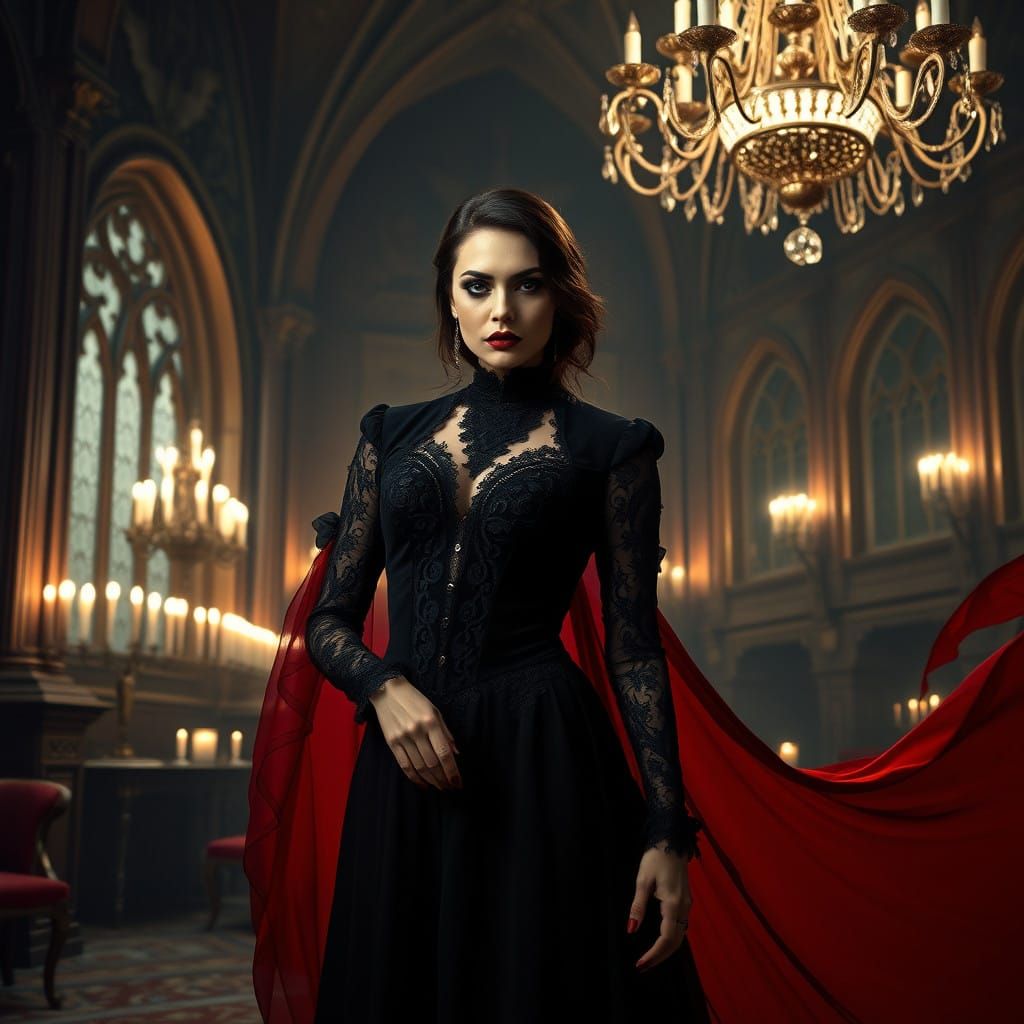 Medieval Gothic Woman in Dark Elegant Attire Stand... - AI Art