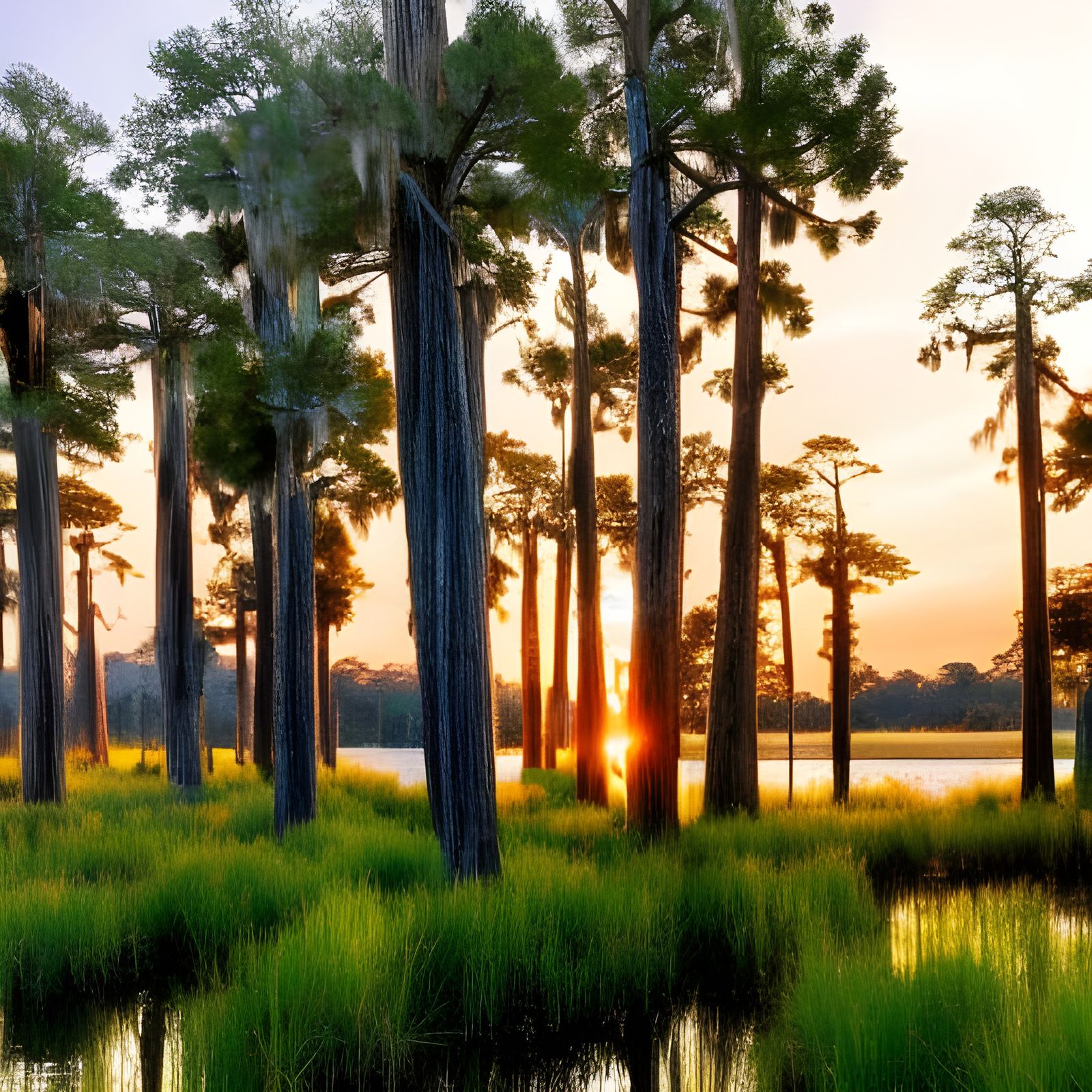 Cypress trees in a florida swamp at dusk. a masterpiece. concept art ...