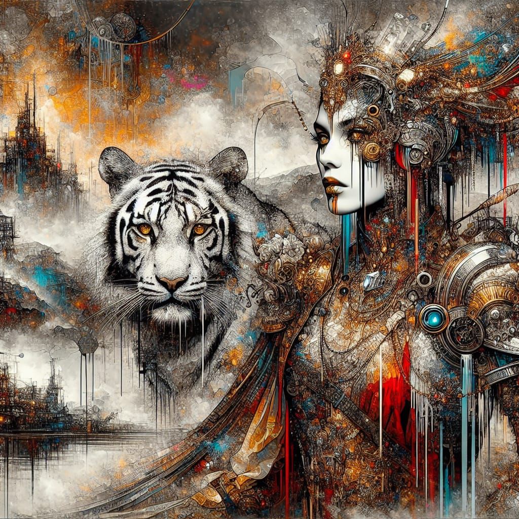 Empress & Her Tigris - Cyberpunk Warrior Queen with Majestic...