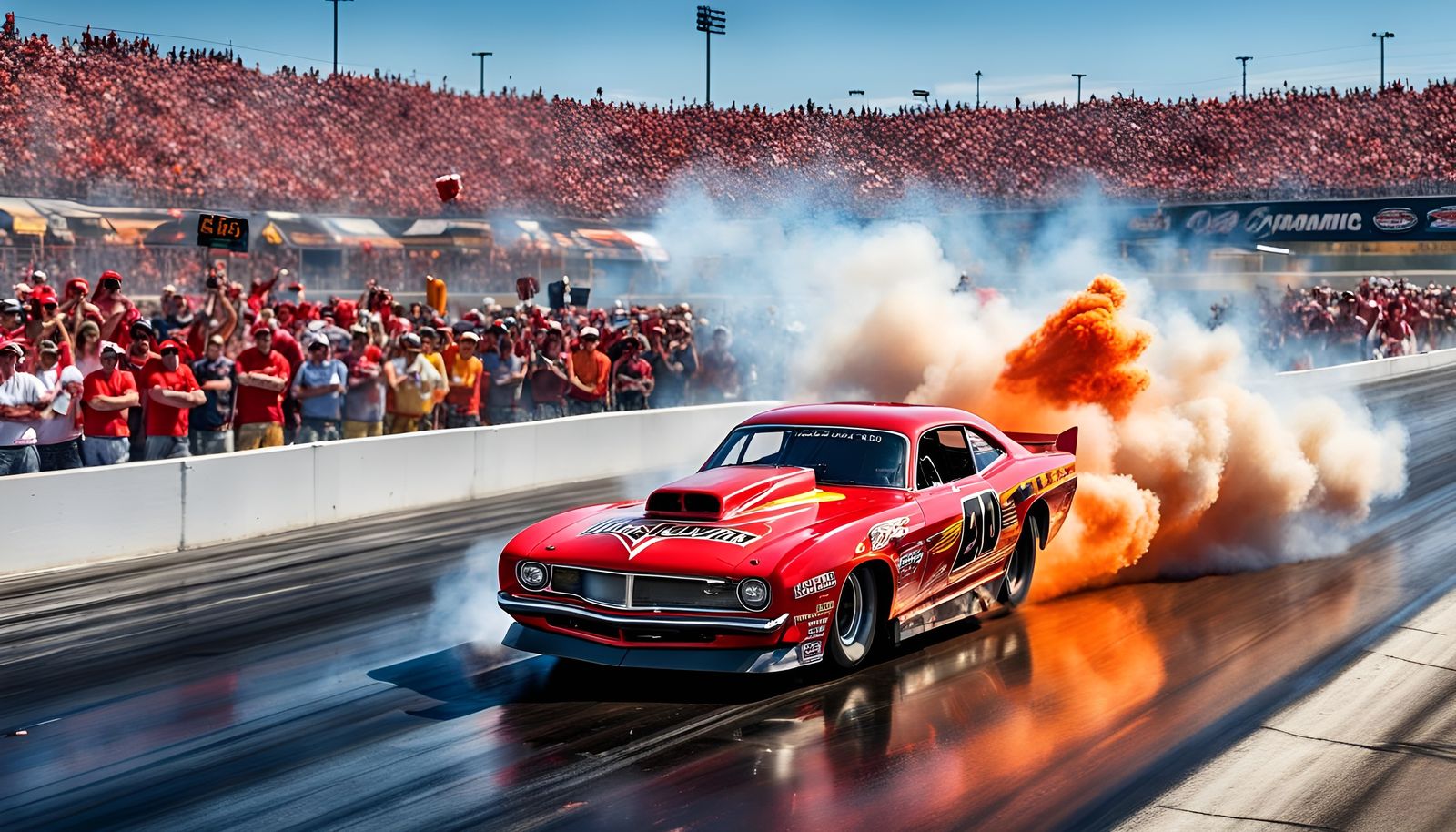 A dramatic, high detailed photograph of a drag racing event in full ...