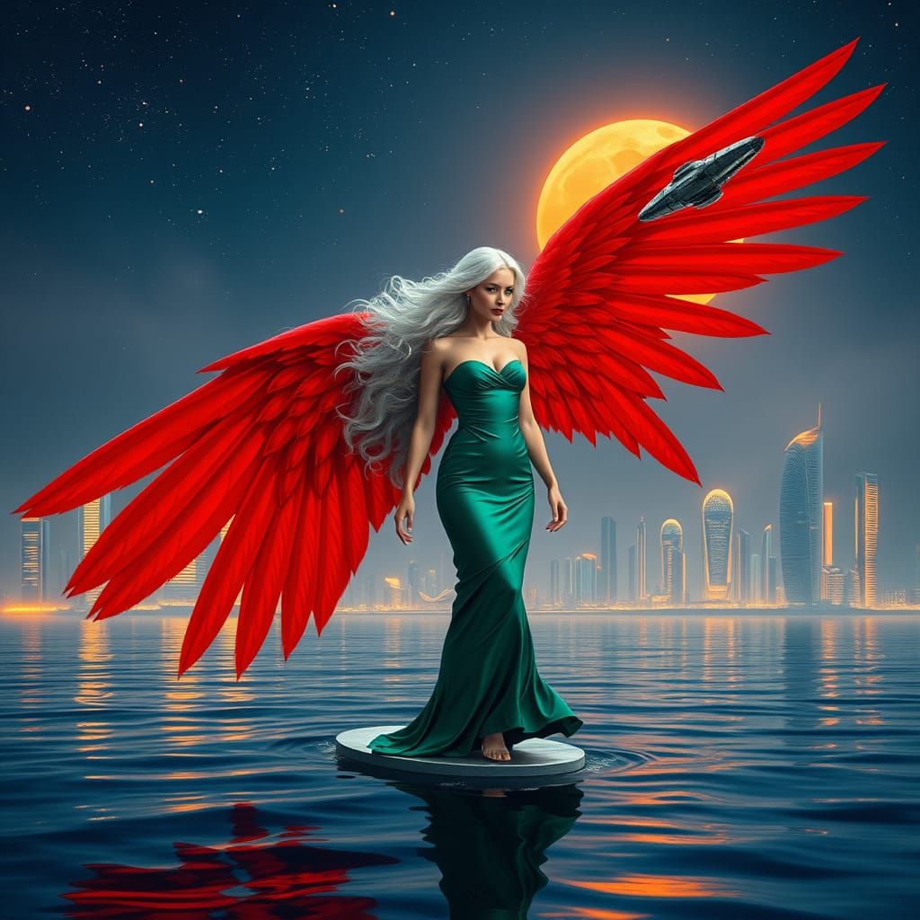 Surreal Angel Walks on Water in Futuristic Citysca... - AI Art