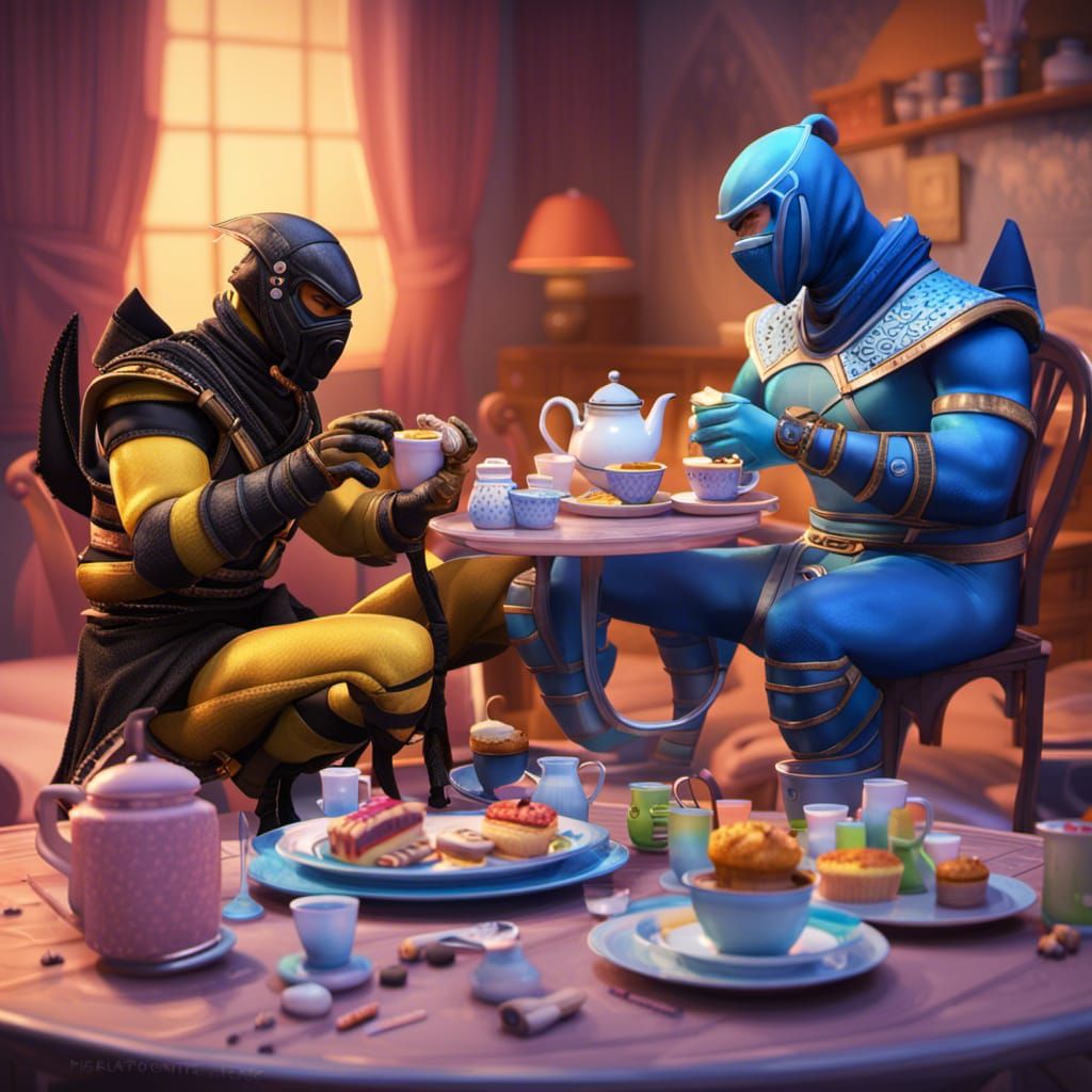 Scorpion and Sub-Zero having a tea party - AI Generated Artwork - NightCafe Creator