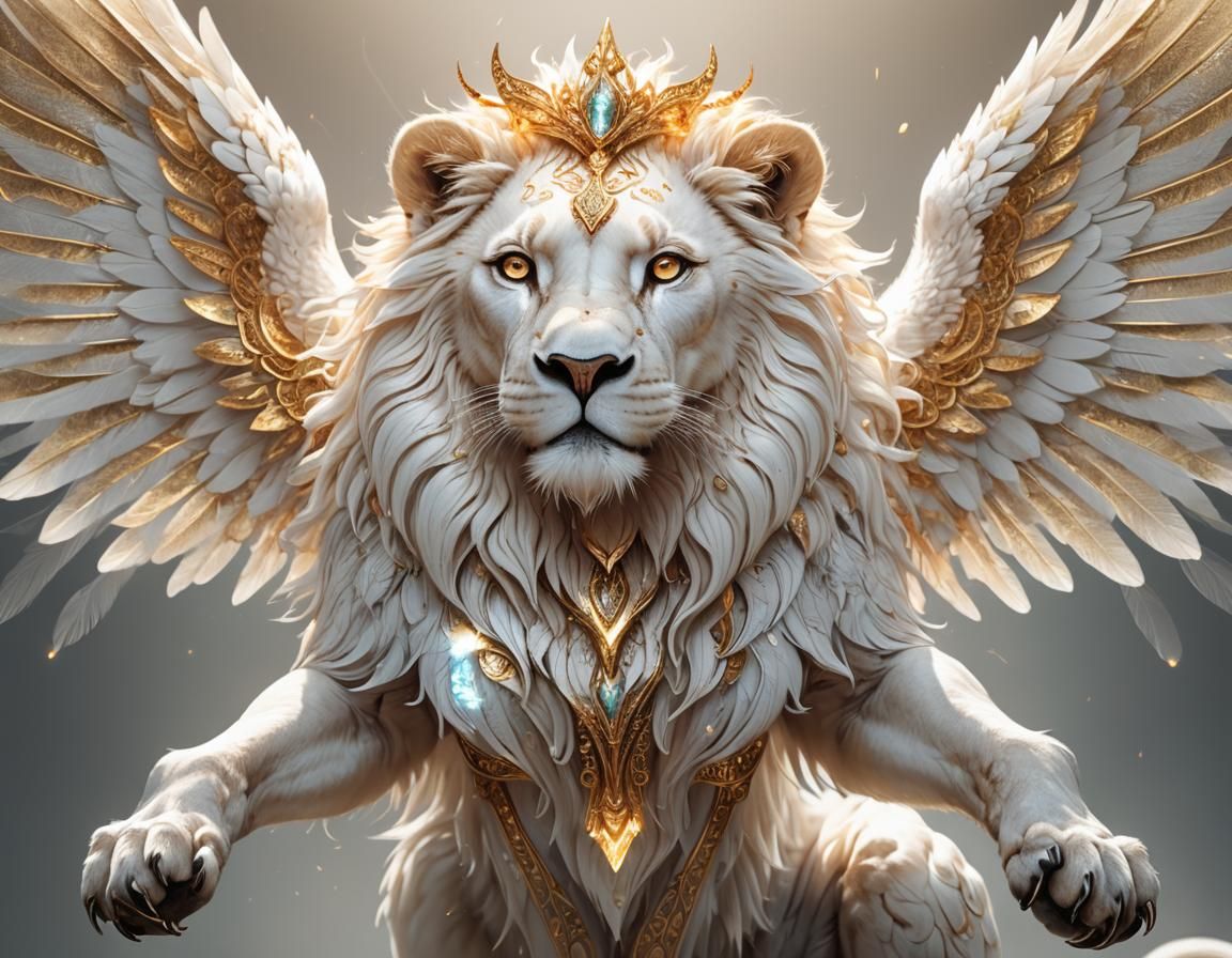 A angelic white lion with spreading arms with glowing intricate ...