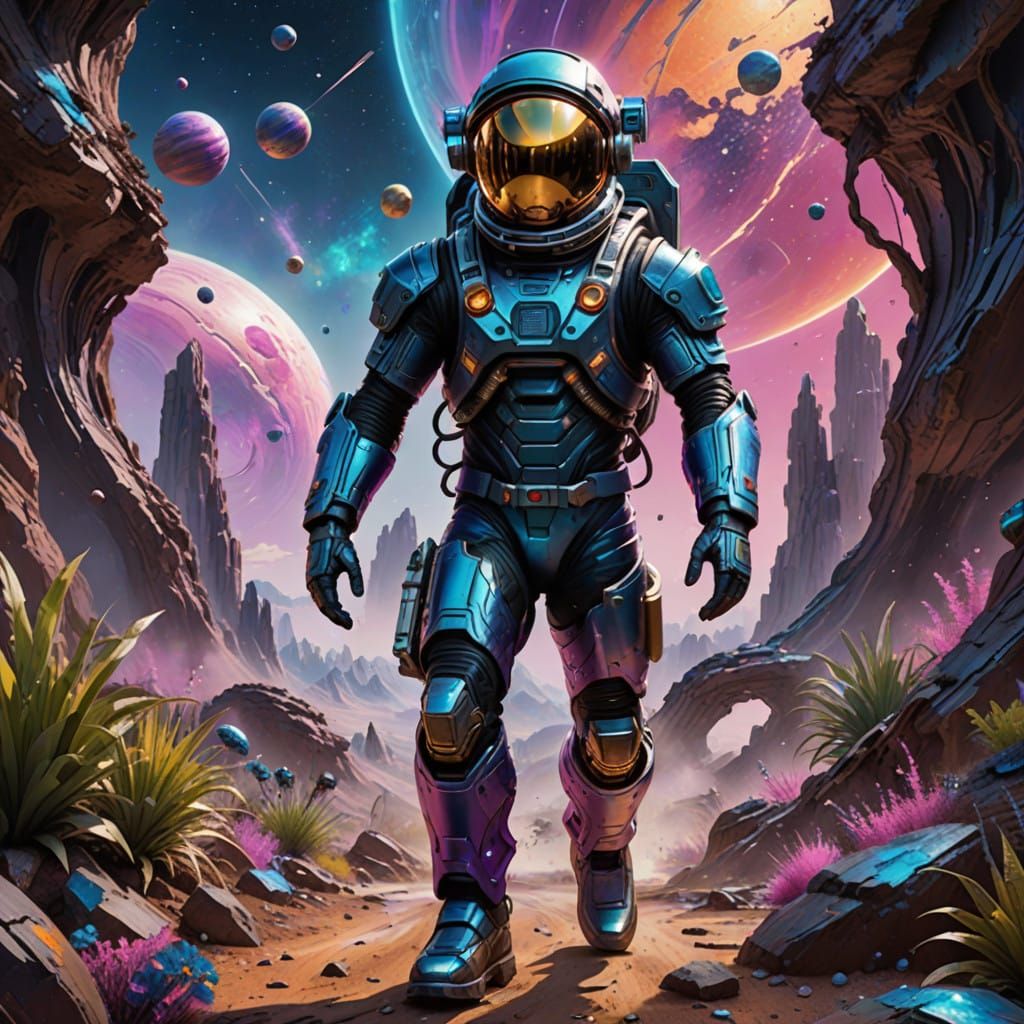 Astronaut walking on a dramatic alien landscape