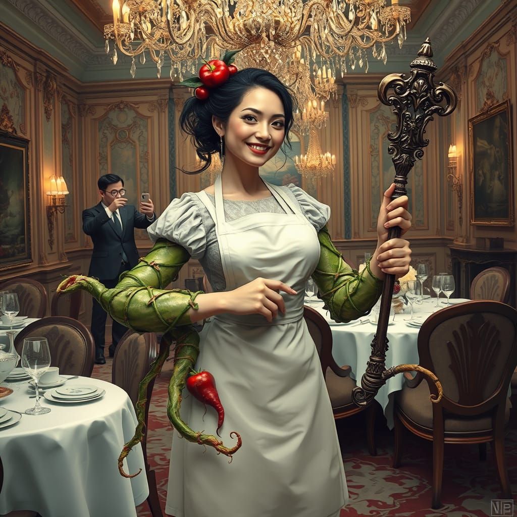 Woman Wields Mutated Food Limbs in Steampunk Dinin... - AI Art