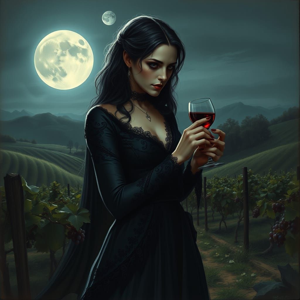 Surreal Vampire Goddess in Victorian Gown Drinks W... - AI Art