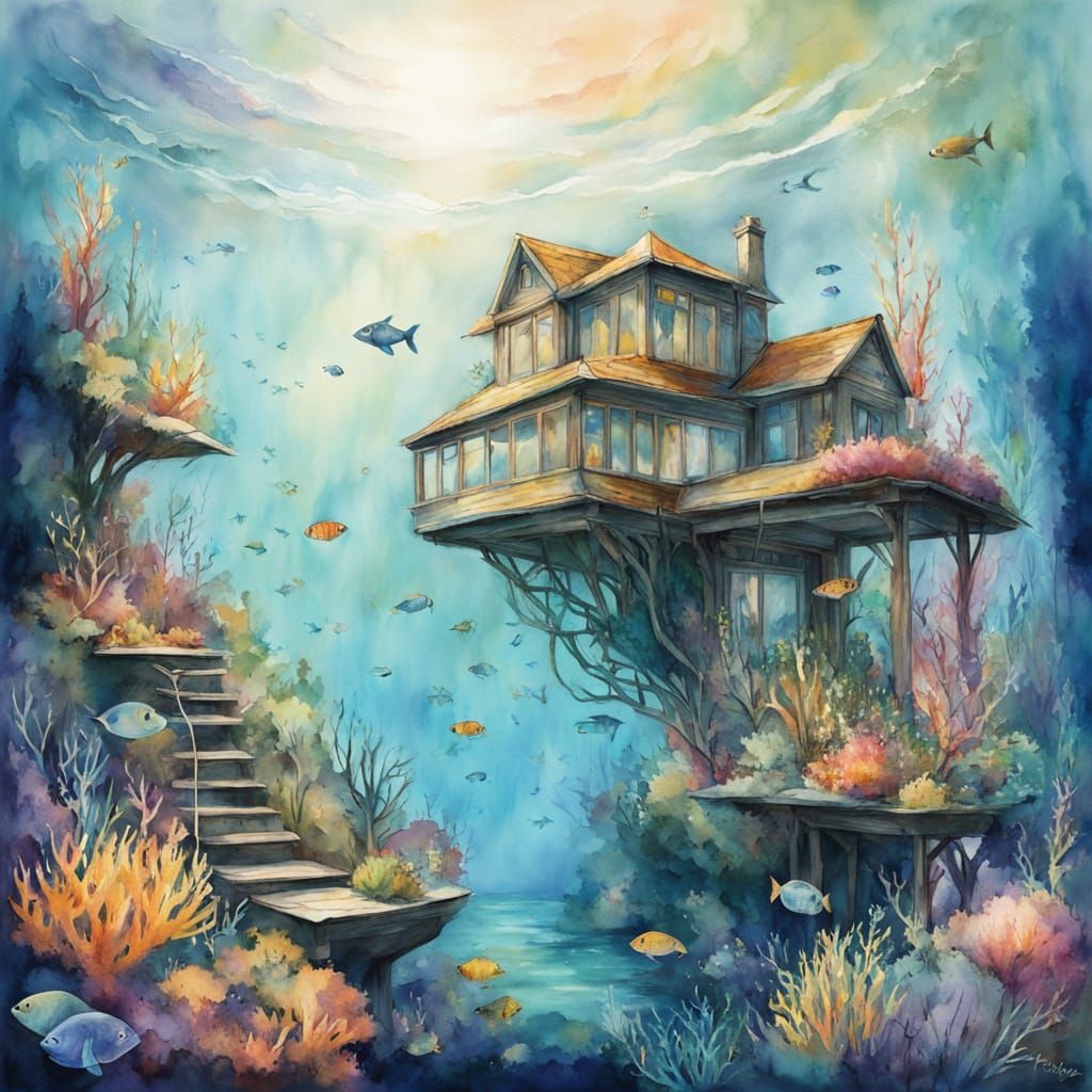 envision a serene underwater neighborhood built into a vibrant coral ...