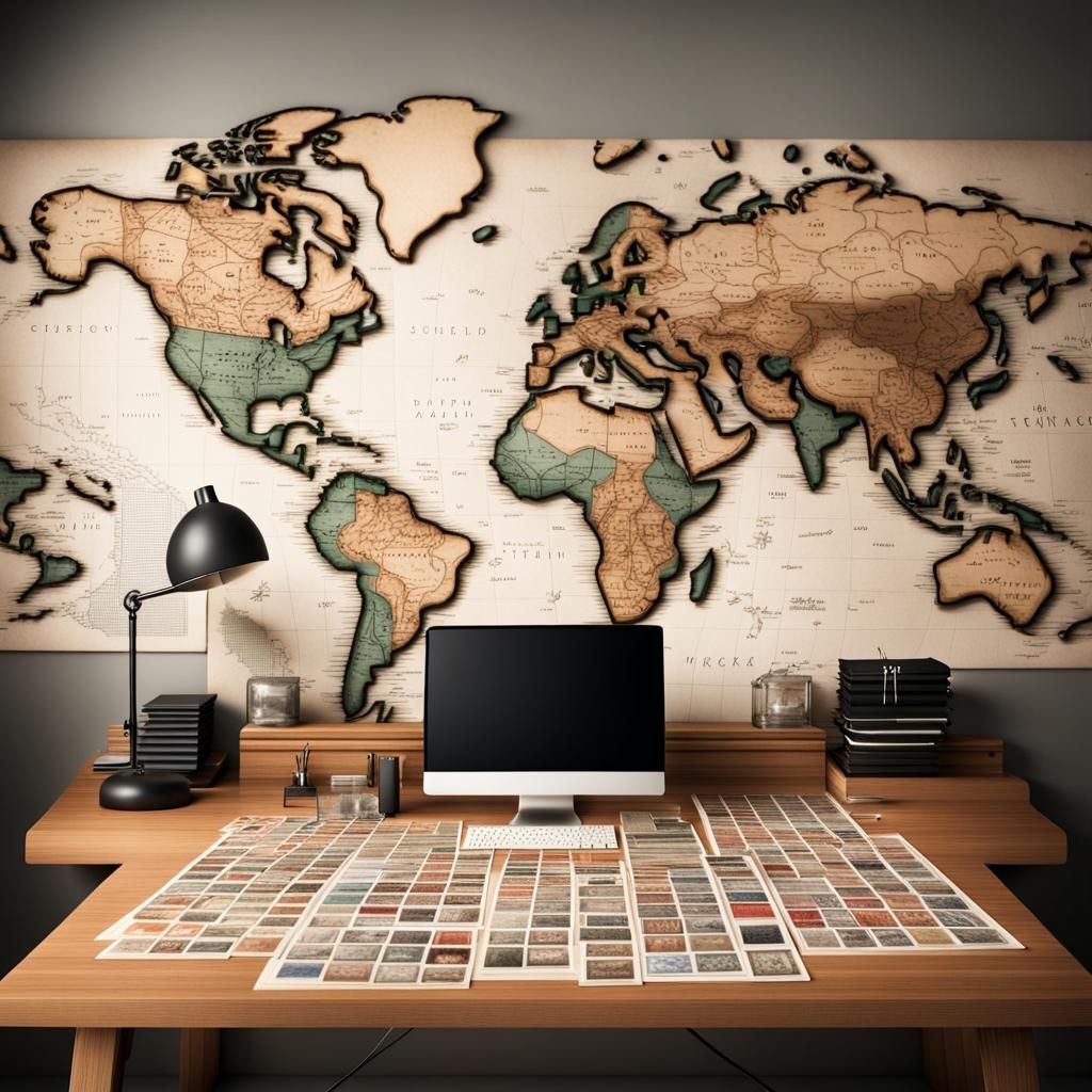 a desk with stamps from all over the world and on the back wall is a ...