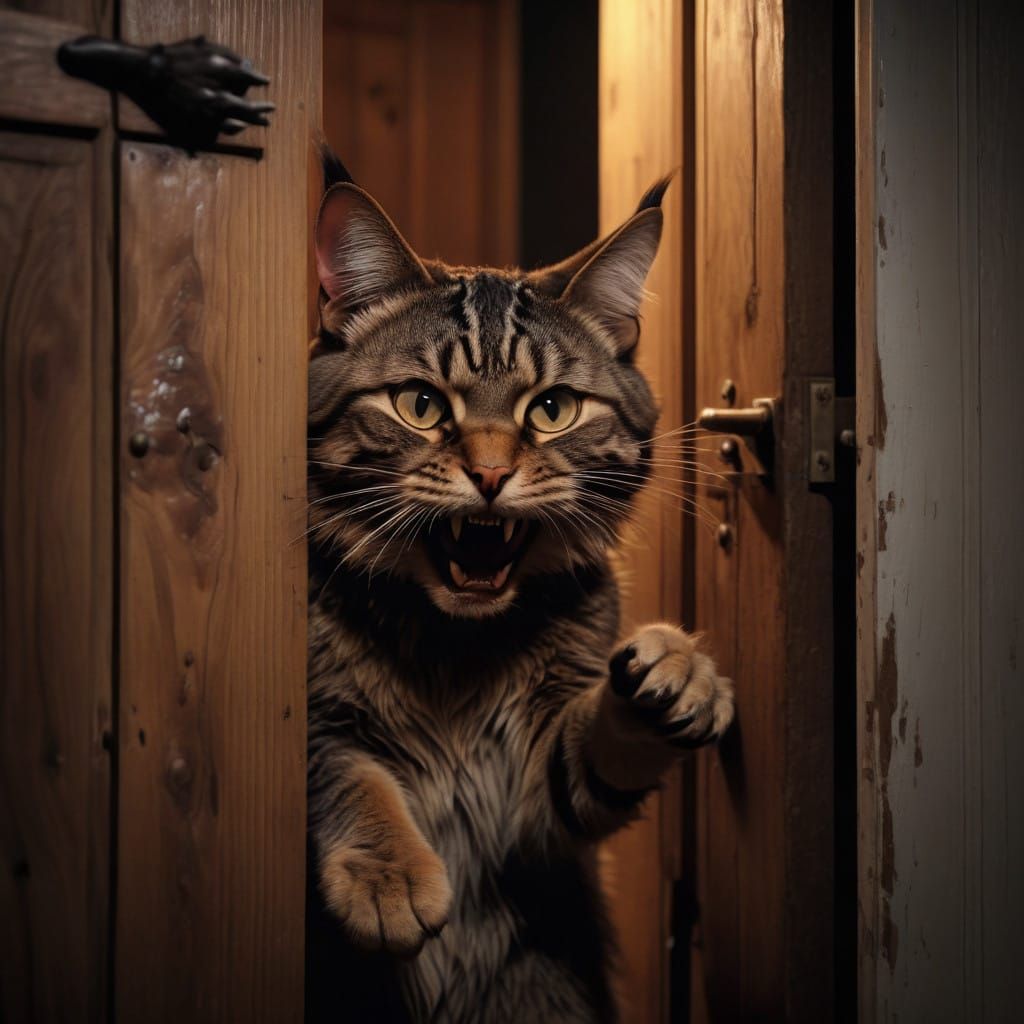 evil psychotic tabby cat scratching through a wooden door, horror movie ...