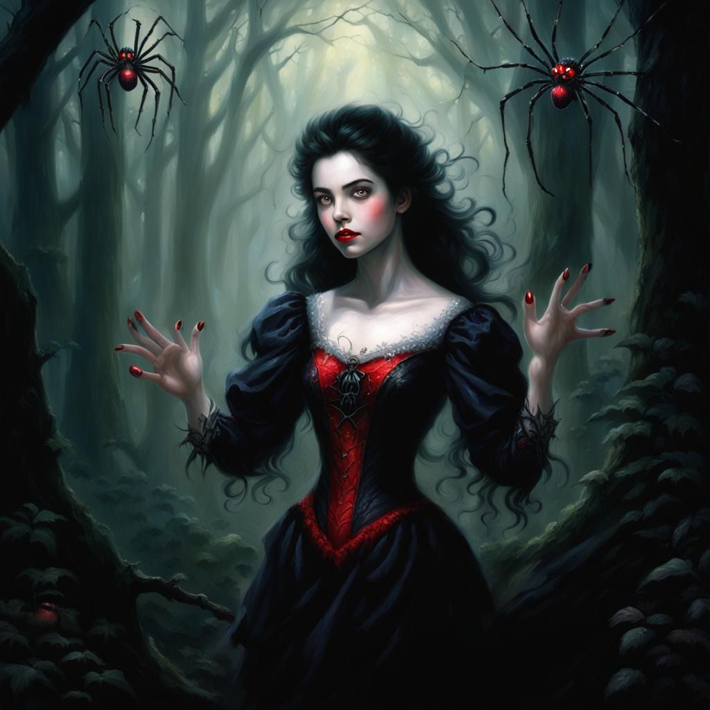 Beautiful mysterious woman in a forest, with spiders. - AI Generated ...