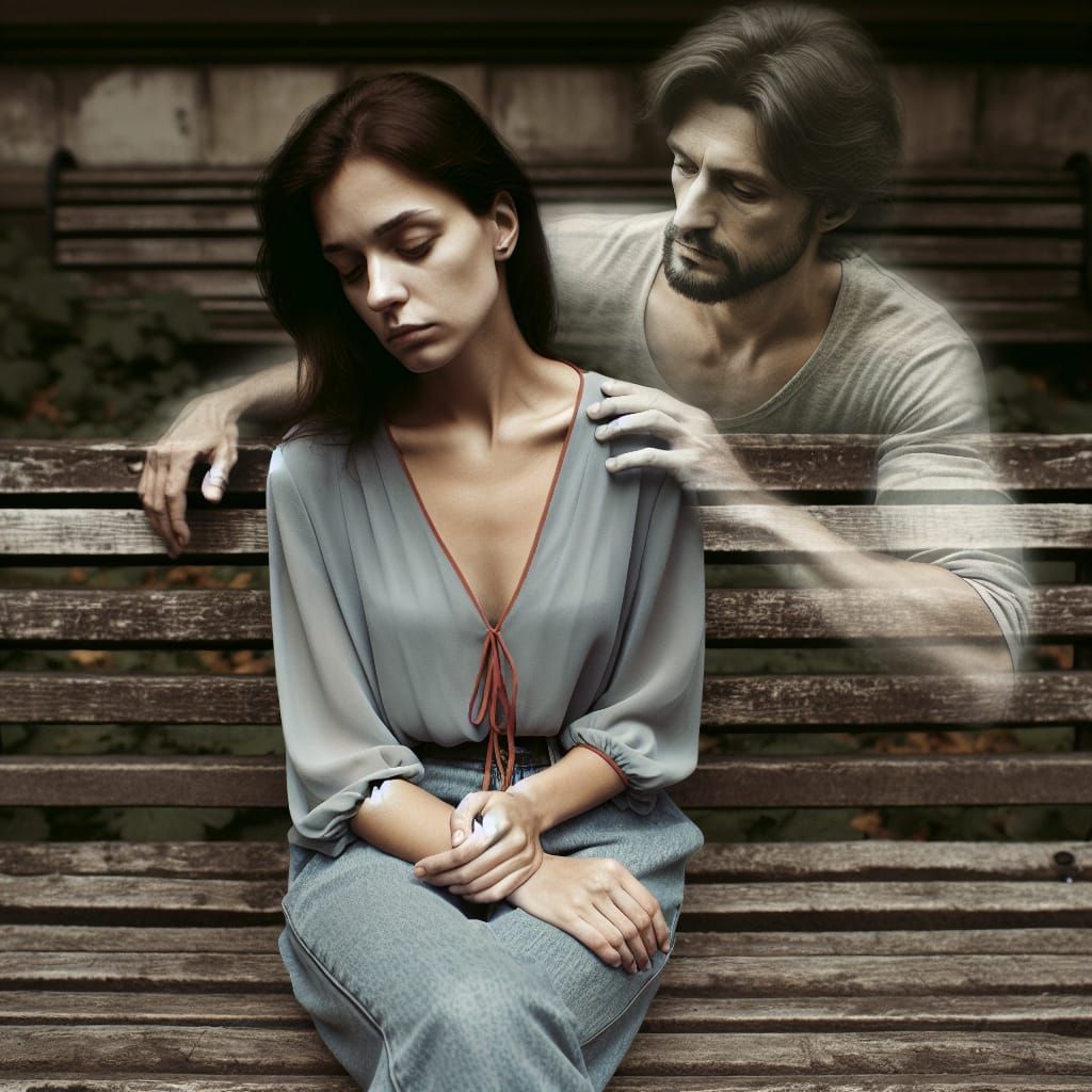 A sad woman sitting on a bench with the transparent ghost of a man ...