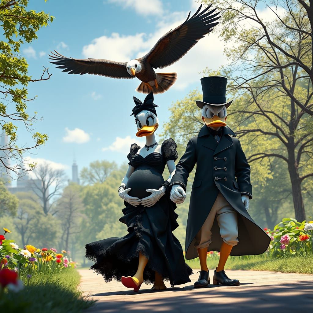 Pregnant Daisy Duck walk with Donald Duck in central Park