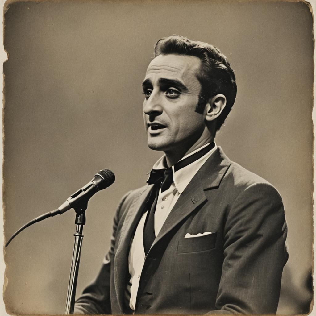 Portrait of young Charles Aznavour performing passionately on stage at ...
