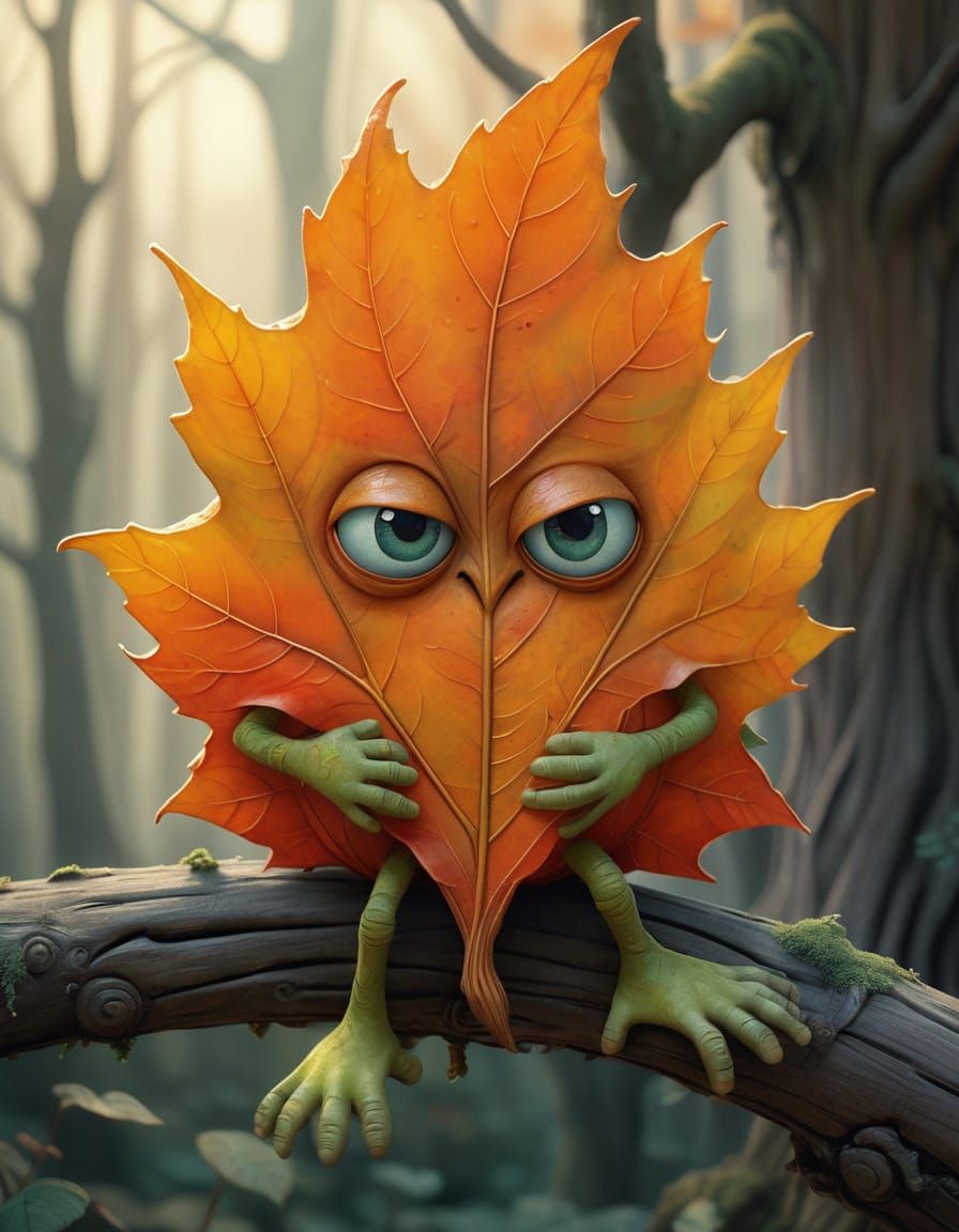 Whimsical Autumn Leaf Sprite with a Grumpy Express... - AI Art