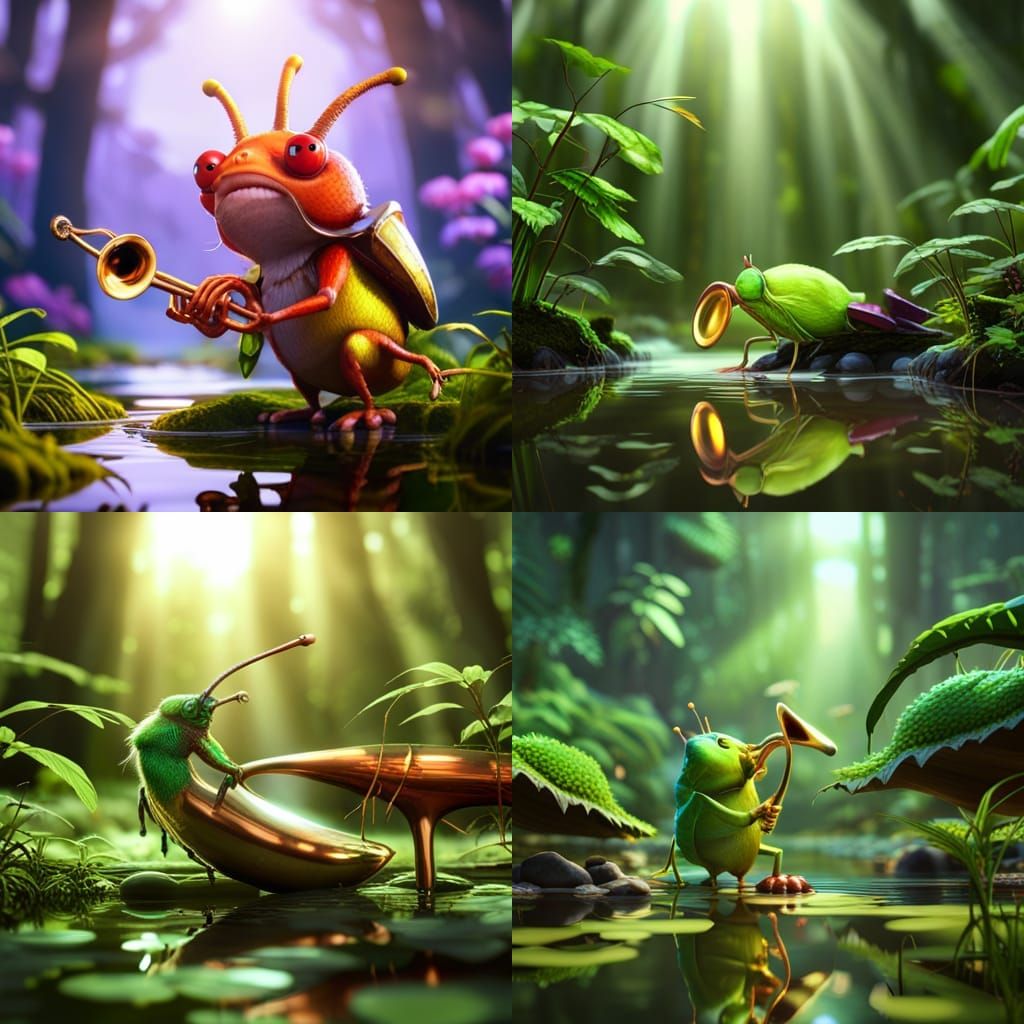 pet lighting bugs playing trumpet in a swamp ,shiny glossy ,uhd,12k ...