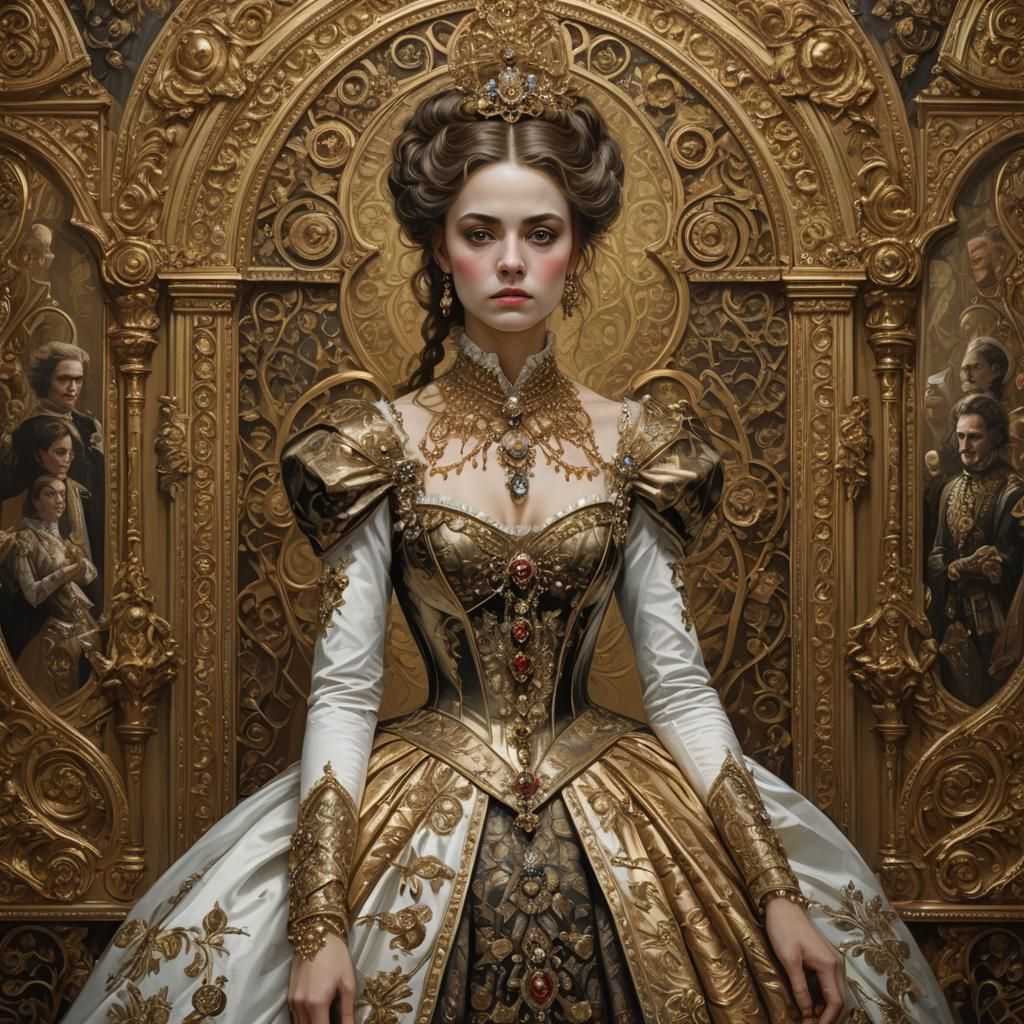 Woman with stern face, usando um longo vestido dourado em branco, - AI ...