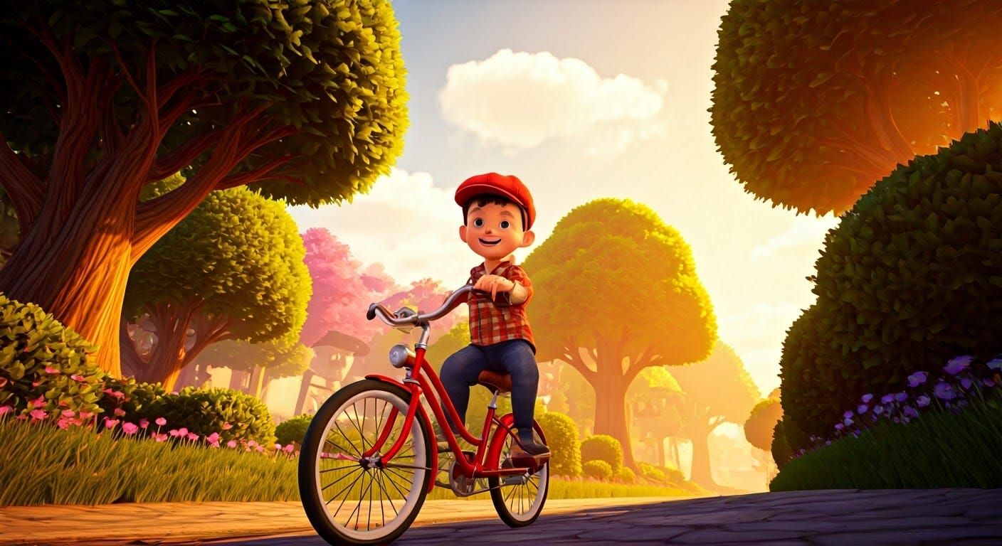 3D Pixar Boy Rides Red Bicycle through Whimsical N... - AI Art