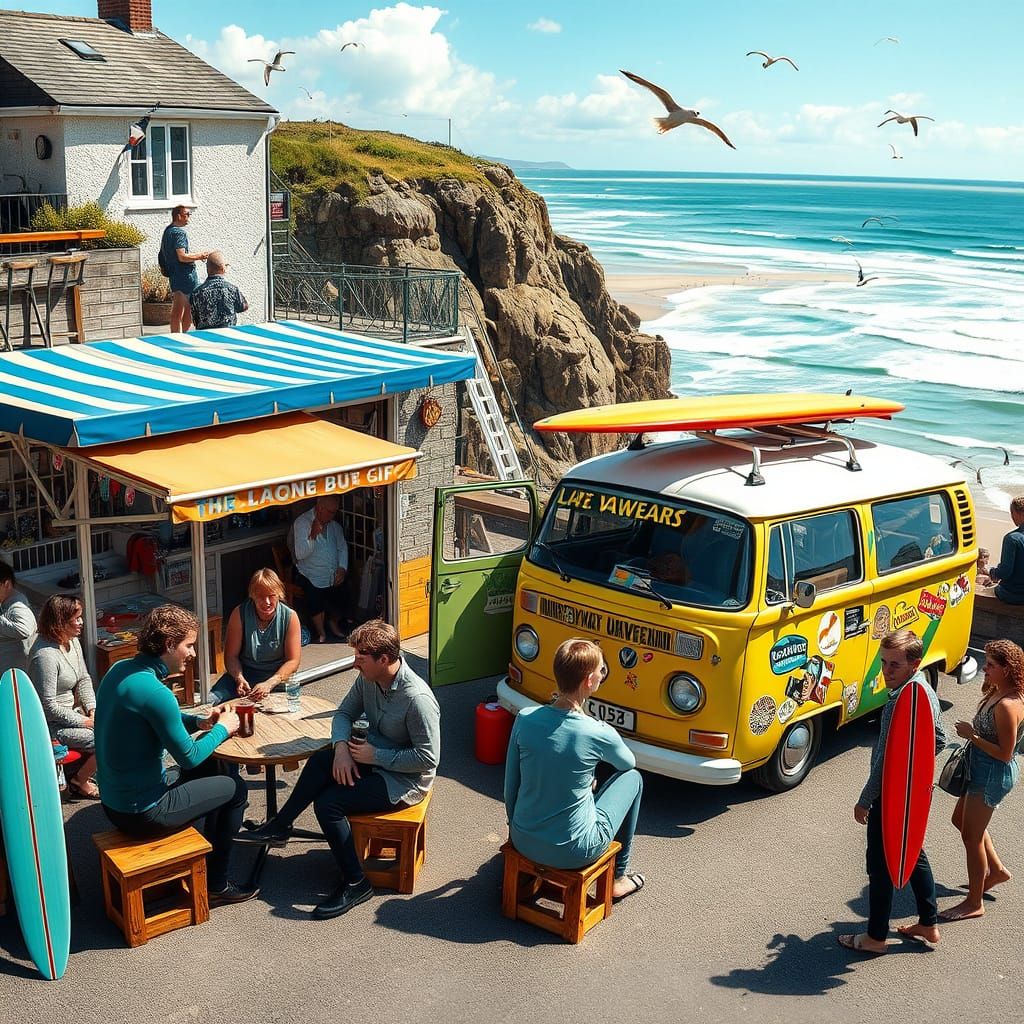 Cornish Surfing - Vibrant Cornwall Coastline with Surfers a...