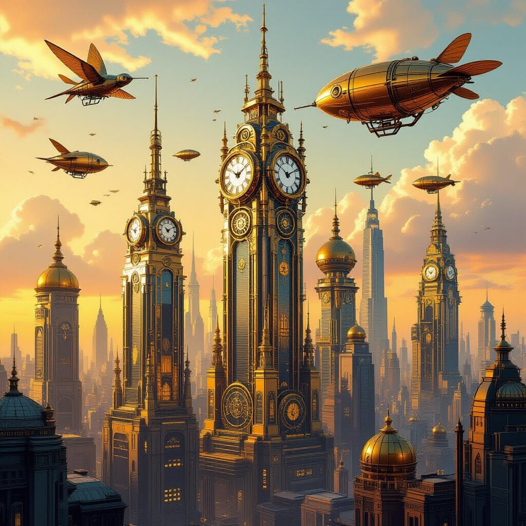 Steampunk Cityscape with Clockwork Skyscrapers and... - AI Art