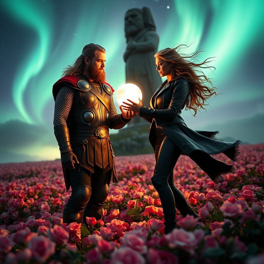 Asgardian Gods United in Ethereal Rose Petal Field... - AI Art