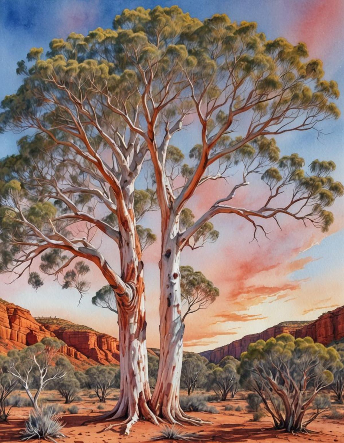 White gum tree in front of red cliffs and blue sky. Kalbarri National ...