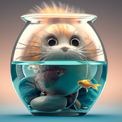 fluffy chibified kitten stuck in fishbowl with goldfish, adorable ...