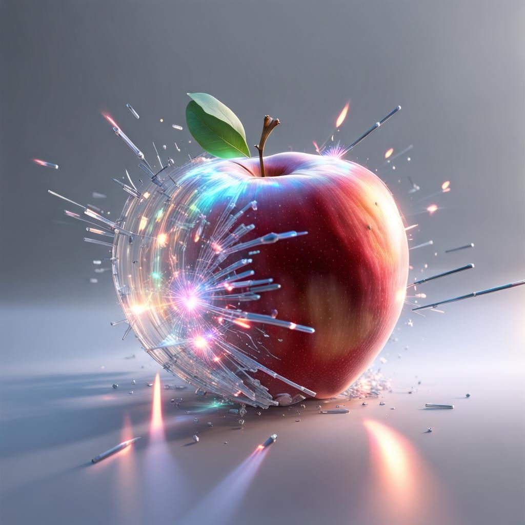 holographic clear apple exploding, glass material, transparent ...
