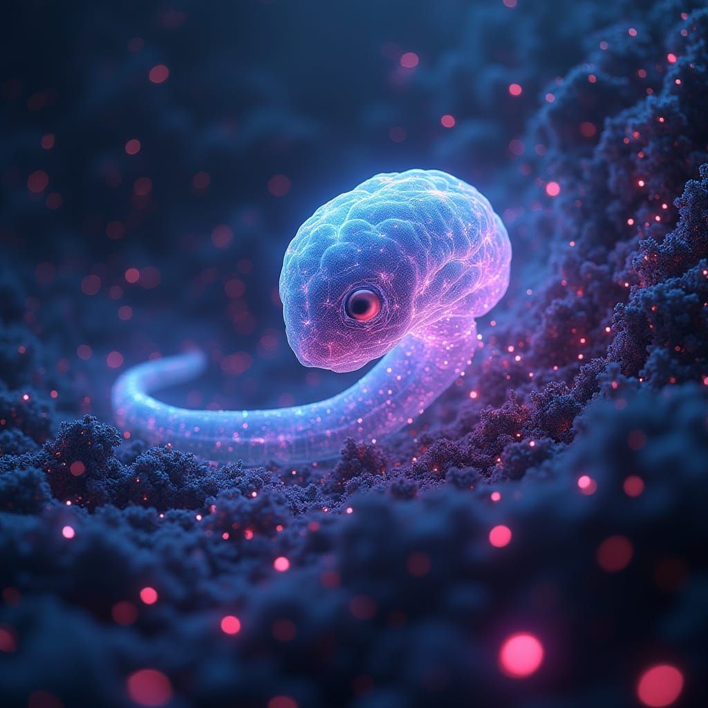 wormbrain blockchain - Ethereal Worm-Like Creature Amidst Bl...