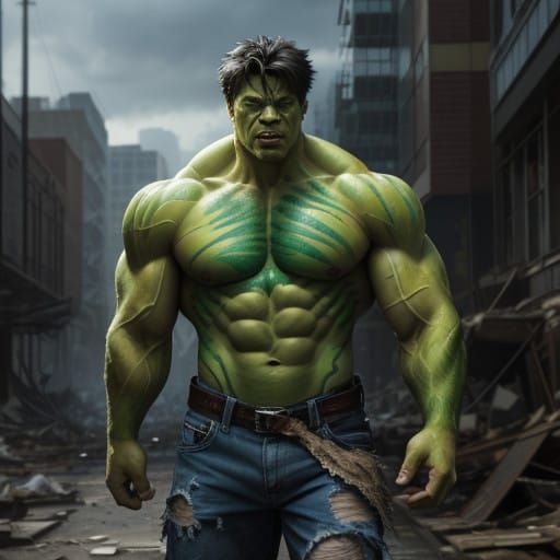 Muscular Hulk in Gritty Cityscape: A Hyper-Realist... - AI Art
