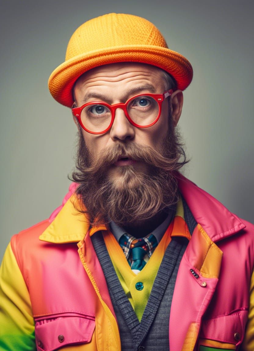 ith beard, hat, ear plugs and Lennon glasses. Clothes in garish ...