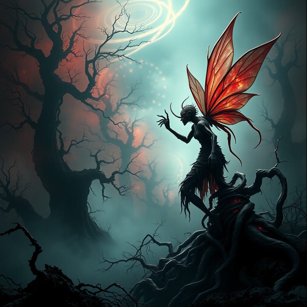 In a realm of dark, surreal horror, a twisted, iridescent fairy with ...