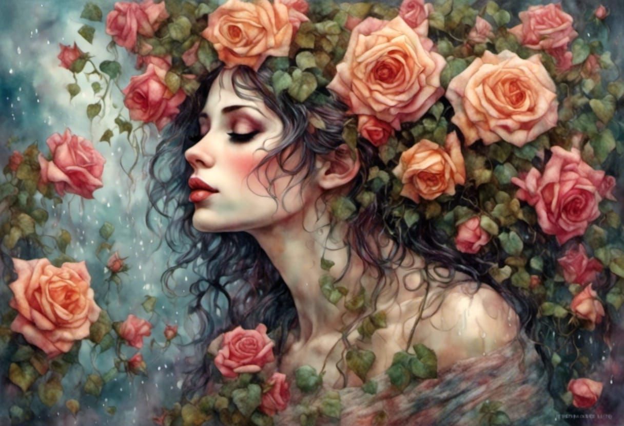 Woman covered by roses, ivy and rain, beautiful sky - AI Generated ...