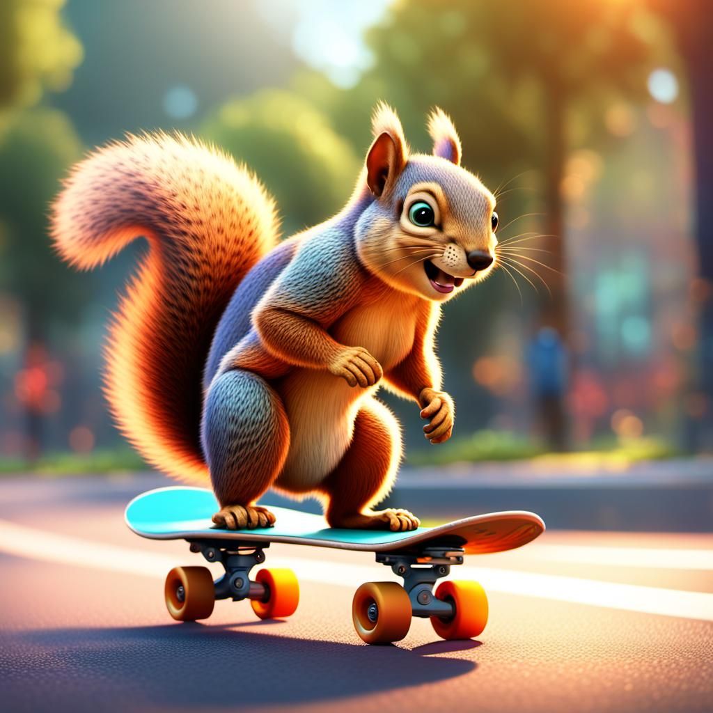 Squirrel Rides Cyberpunk Skateboard in Vibrant Cit... - AI Art