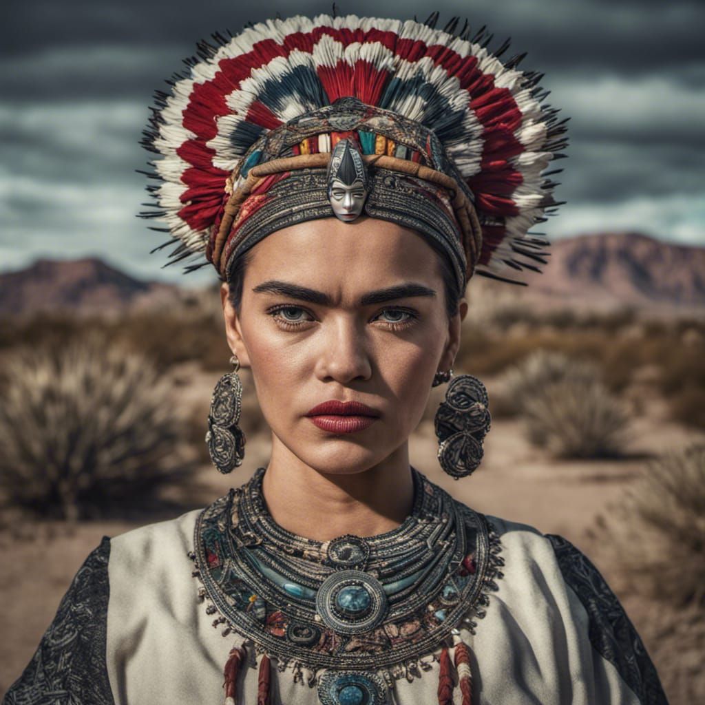 PORTRAIT OF FRIDA KHALO WITH TRADITIONAL NATIVE AMERICAN HEADWEAR IN THE DESERT - AI Generated ...