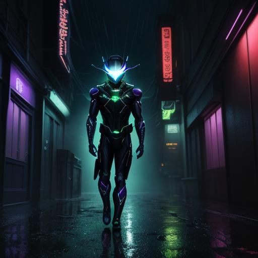 grasshopper kamen rider in rainy night neon colors... - AI Art