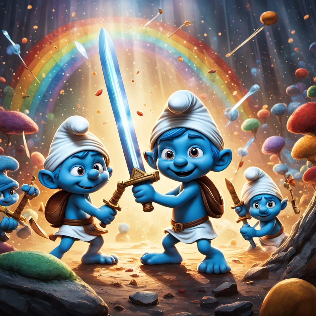 Smurfs Engage in Whimsical Rainbow Sword Battle - AI Art
