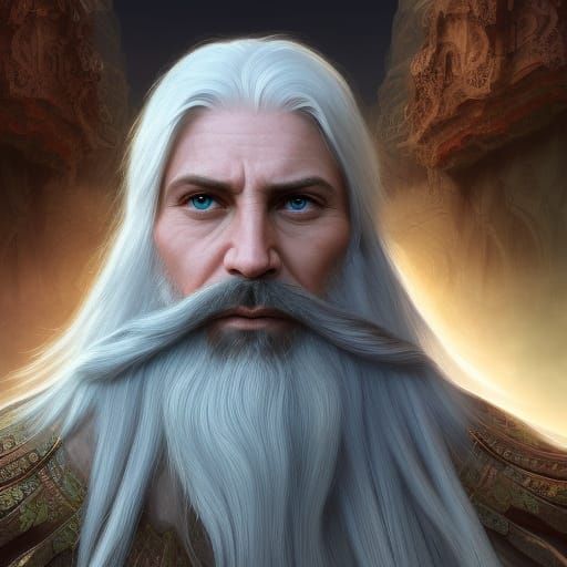 The face of ancient Sage. With white wool hair and beard with a sharp ...