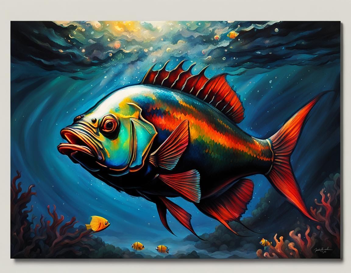 dark ocean bottom but a devil fish lights it up to eat another fish ...