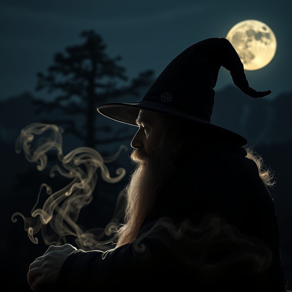 Mystical Wizard in Contemplation, Profile Silhouet... - AI Art