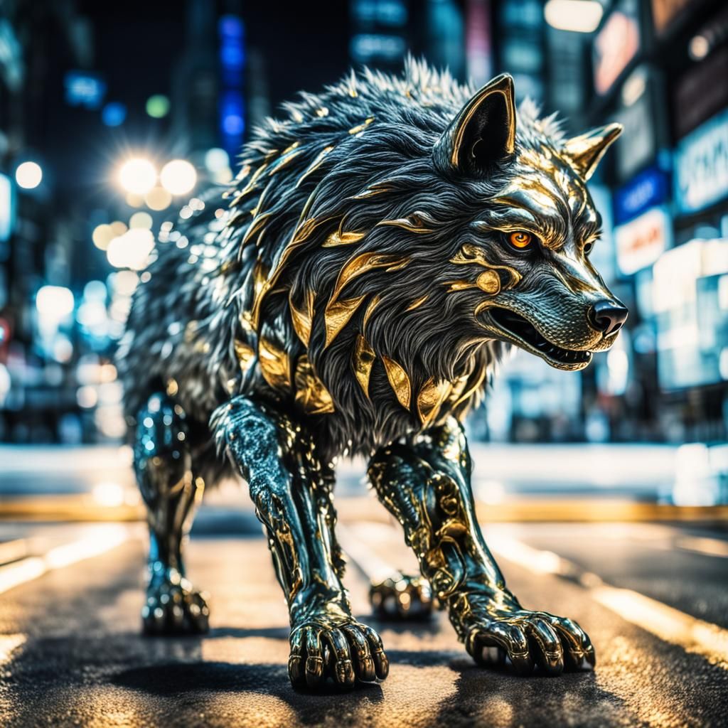 furry big wolf eye covered in gold shiny chrome, shinning at the tokyo ...