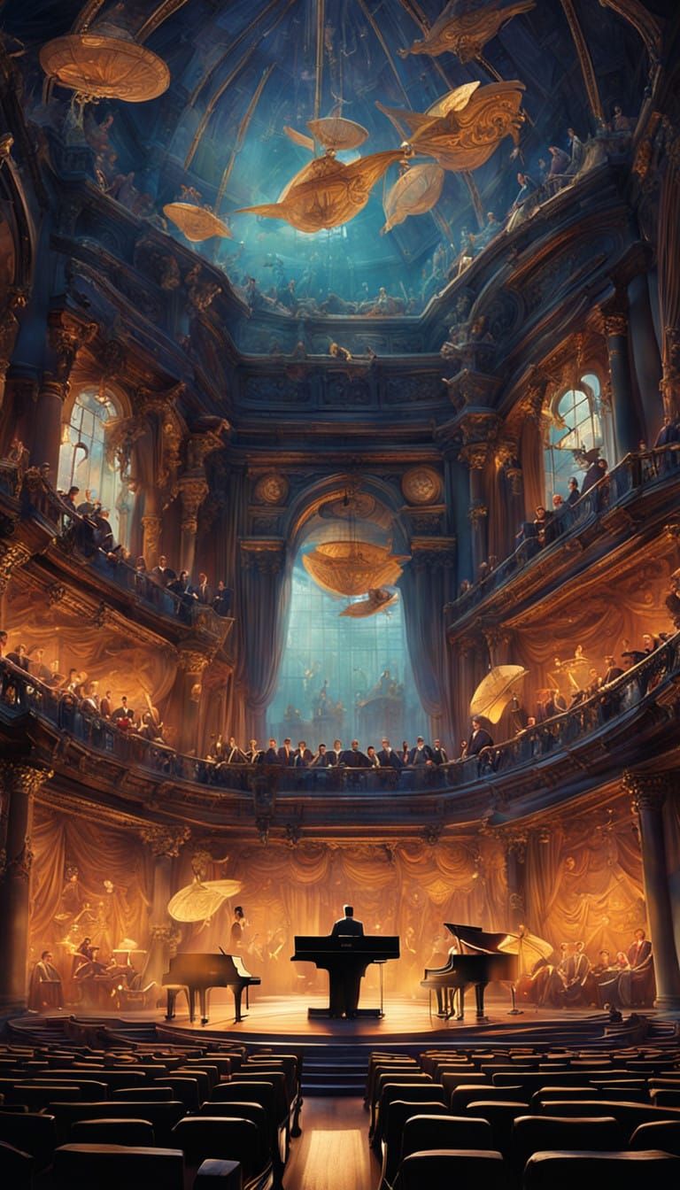 "Full orchestra playing on an elegant stage. Music notations floating ...