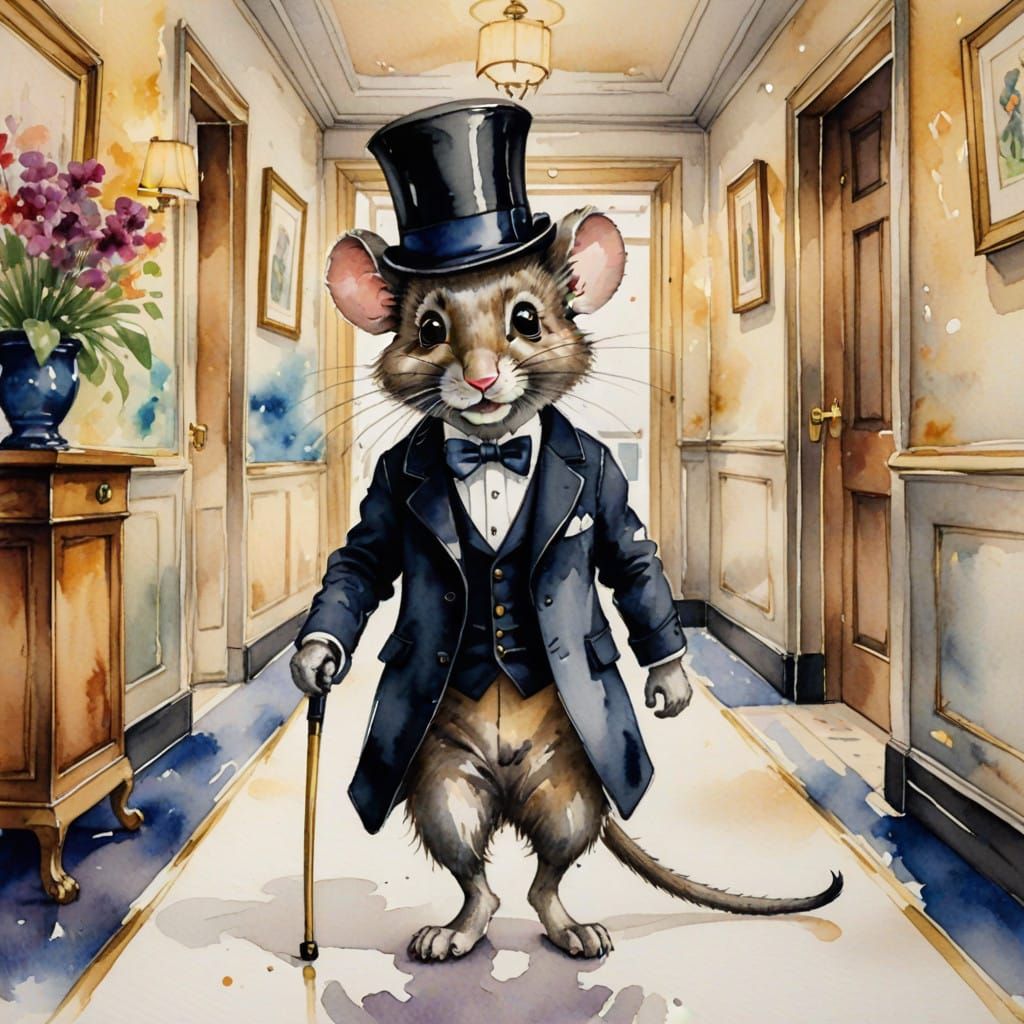 A cute fluffy big eared big eyed mouse dressed in Top hat black tails ...
