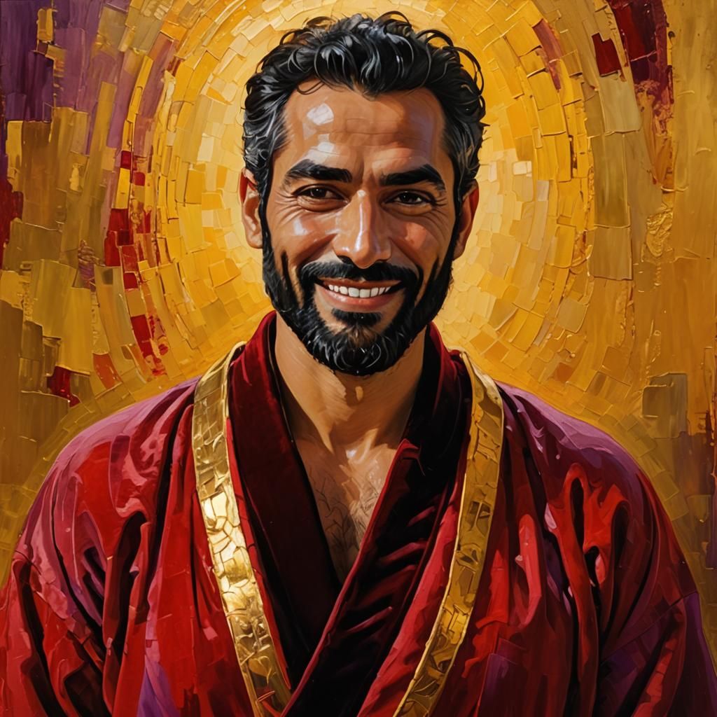 A handsome man with beard wearing a red velours bathrobe