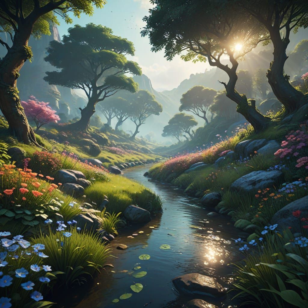 Whimsical Spring Fantasy Scene in Vibrant Colors - AI Art