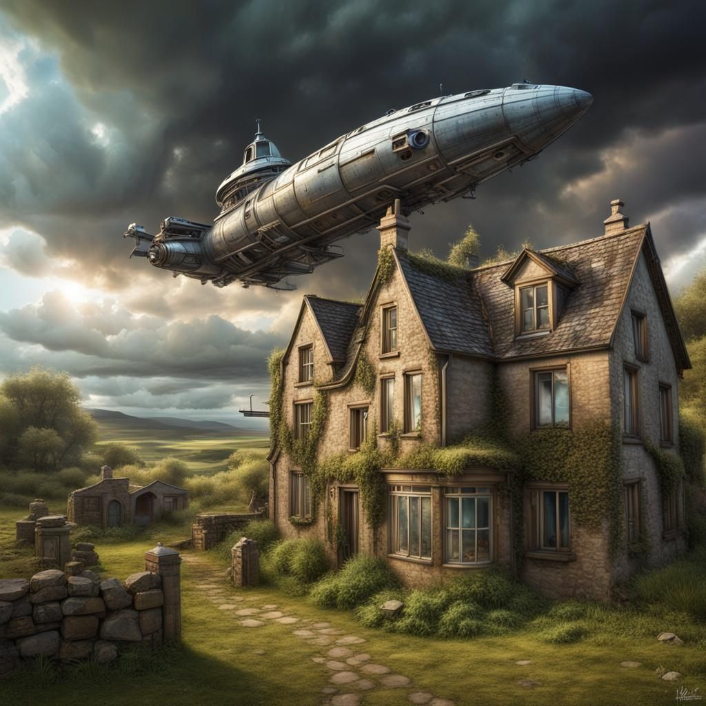 A spaceship over an abandoned Scottish village - AI Generated Artwork ...