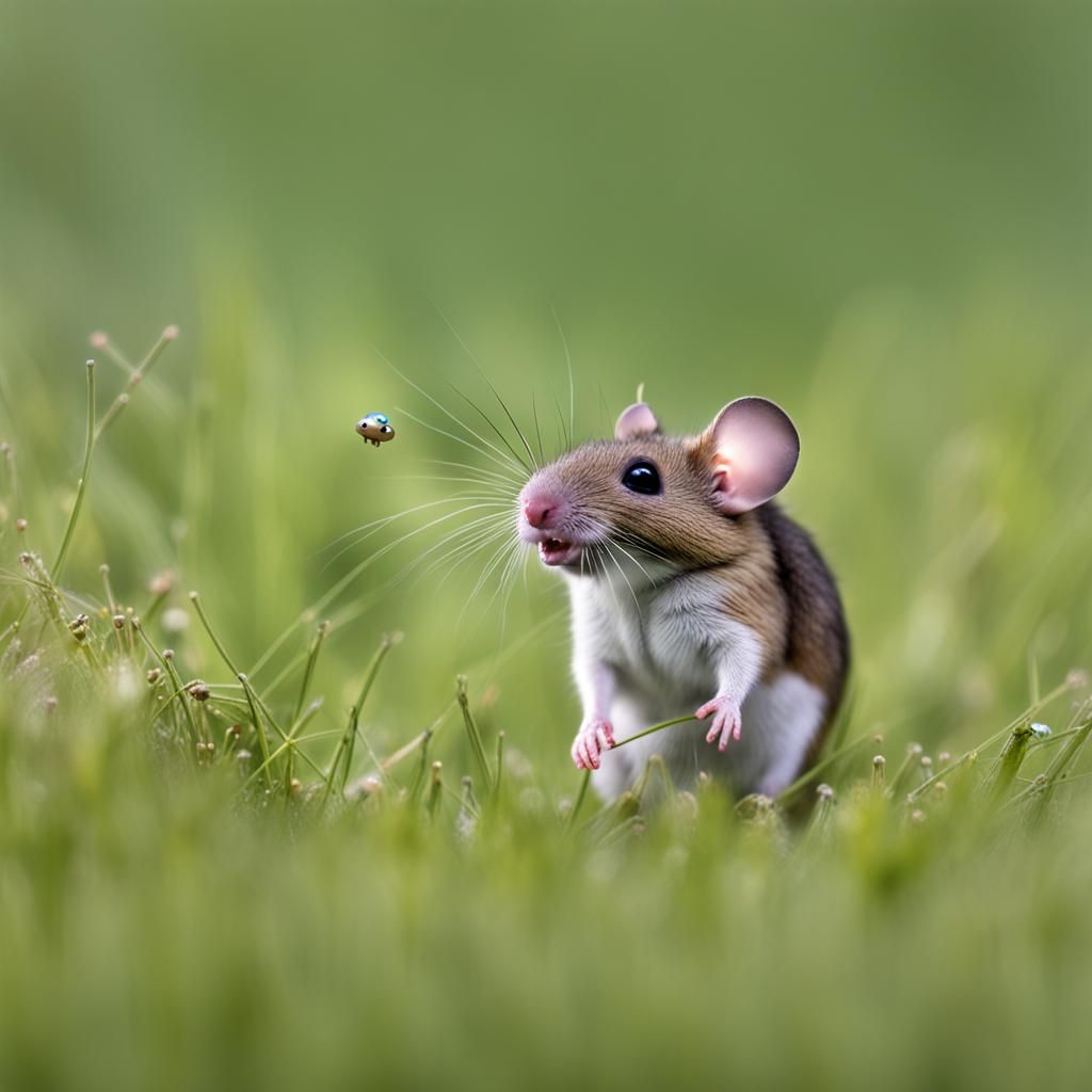 Photograph, Macro, mouse with tiny UFO in mouth, meadow background - AI ...