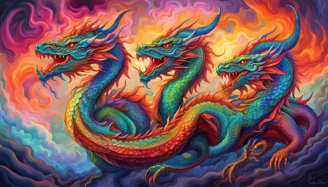"Flying three-headed dragon; Bright colors with iridescent and ...