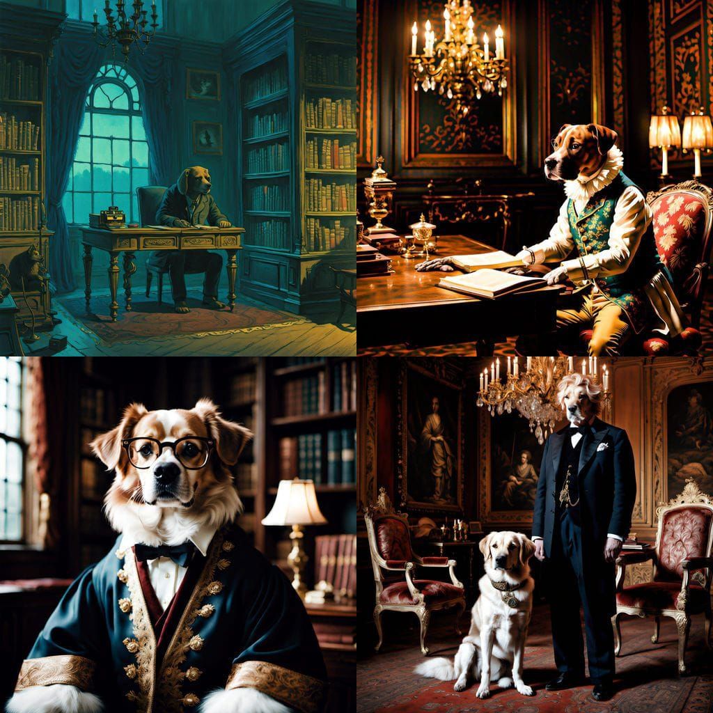 Elegant Dog Reads in Lavish Rococo Library Setting - AI Art