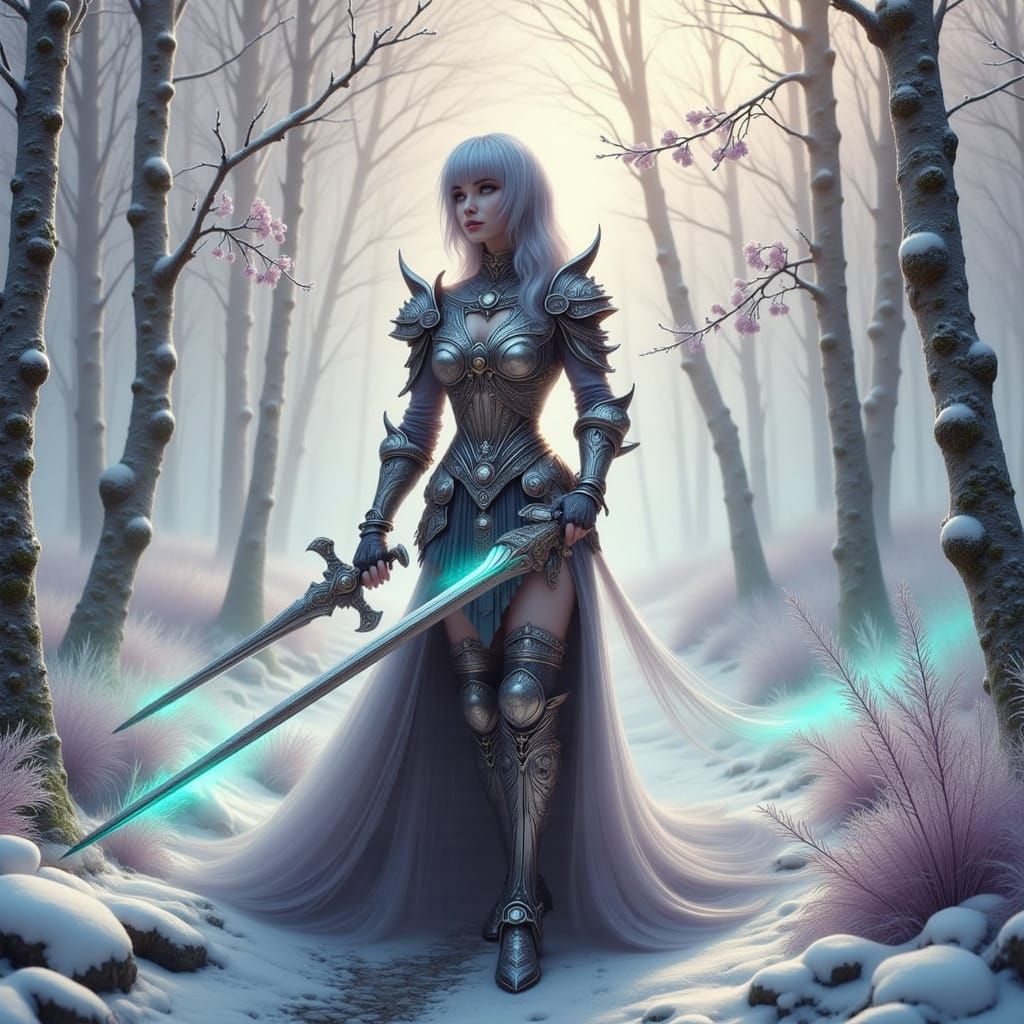 Gothic Valkyrie in Snowy Forest, with Glowing Rune... - AI Art