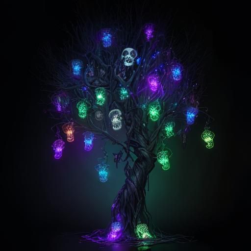 Macabre dead tree decorated with translucent, prismatic skulls, bones ...
